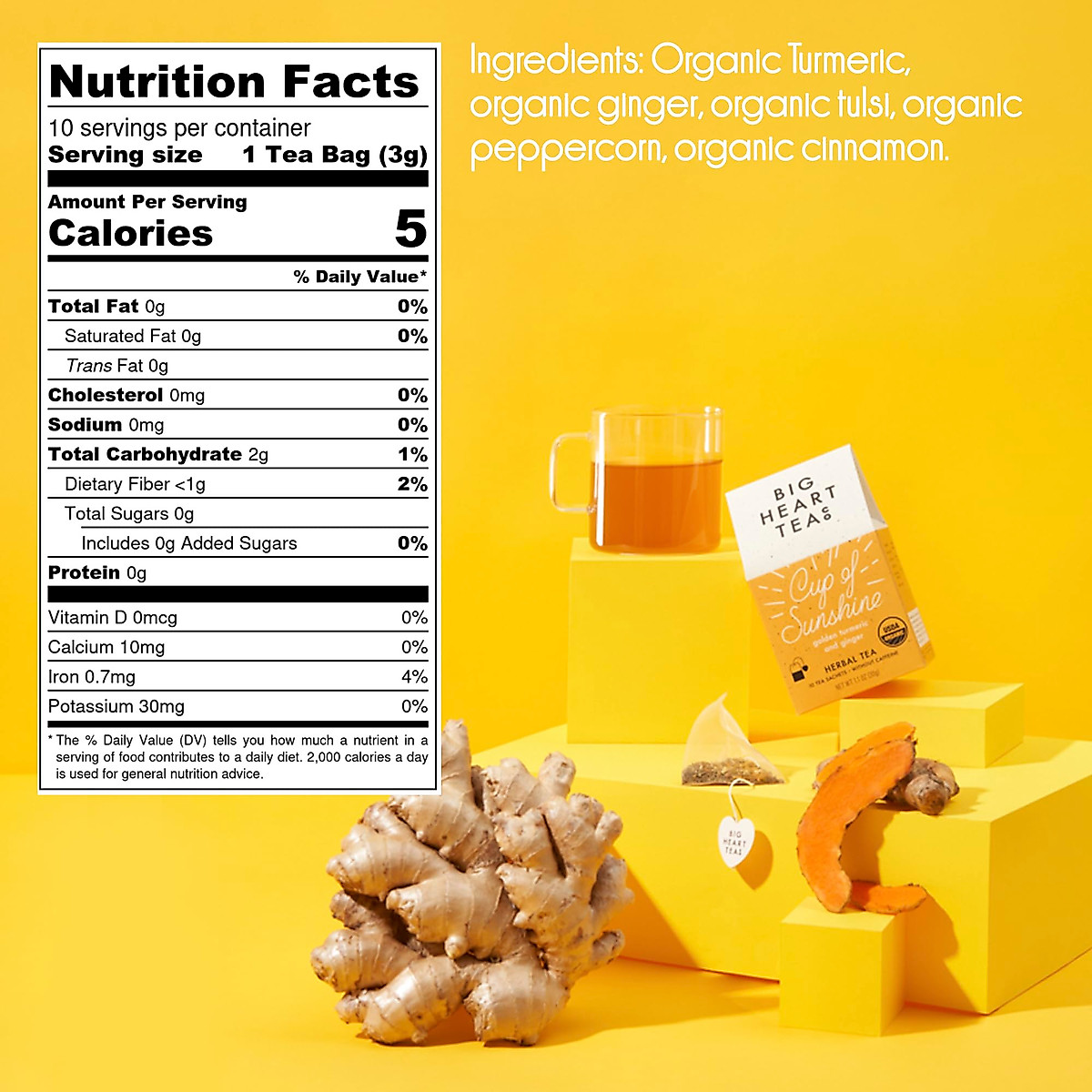 Big Heart Tea Co. Ginger Turmeric Tea, Certified Organic Tea Bags (10 Count) Herbal Caffeine Free Blend with Adaptogenic Tulsi, Peppercorn, Cinnamon - Cup of Sunshine