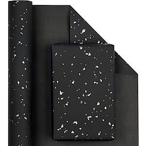 MAYPLUSS Wrapping Paper Roll - 17Inch x 16.5Feet - Luxury Thick Black Gold Foil Flakes Marvelous Satin Texture Matte Gift Wrap Paper for Graduation, Aniversary, Halloween Day, Birthday, Christmas