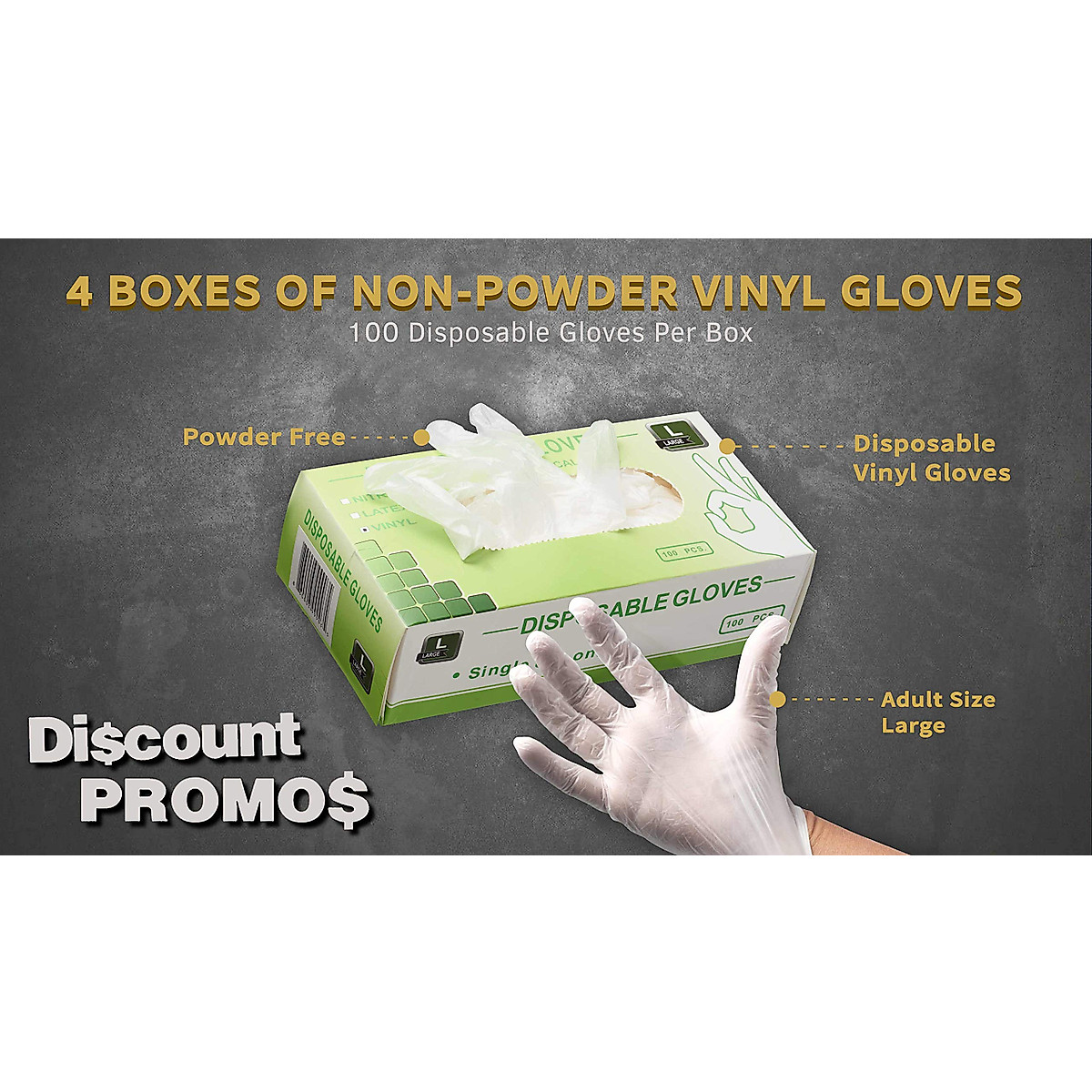 DISCOUNT PROMOS Non Powder Vinyl Gloves Set of 4, Bulk Pack - Each Box has 100 Disposable Gloves, For Cooking, Cleaning, Travelling, and Diaper Changing - Transparent White