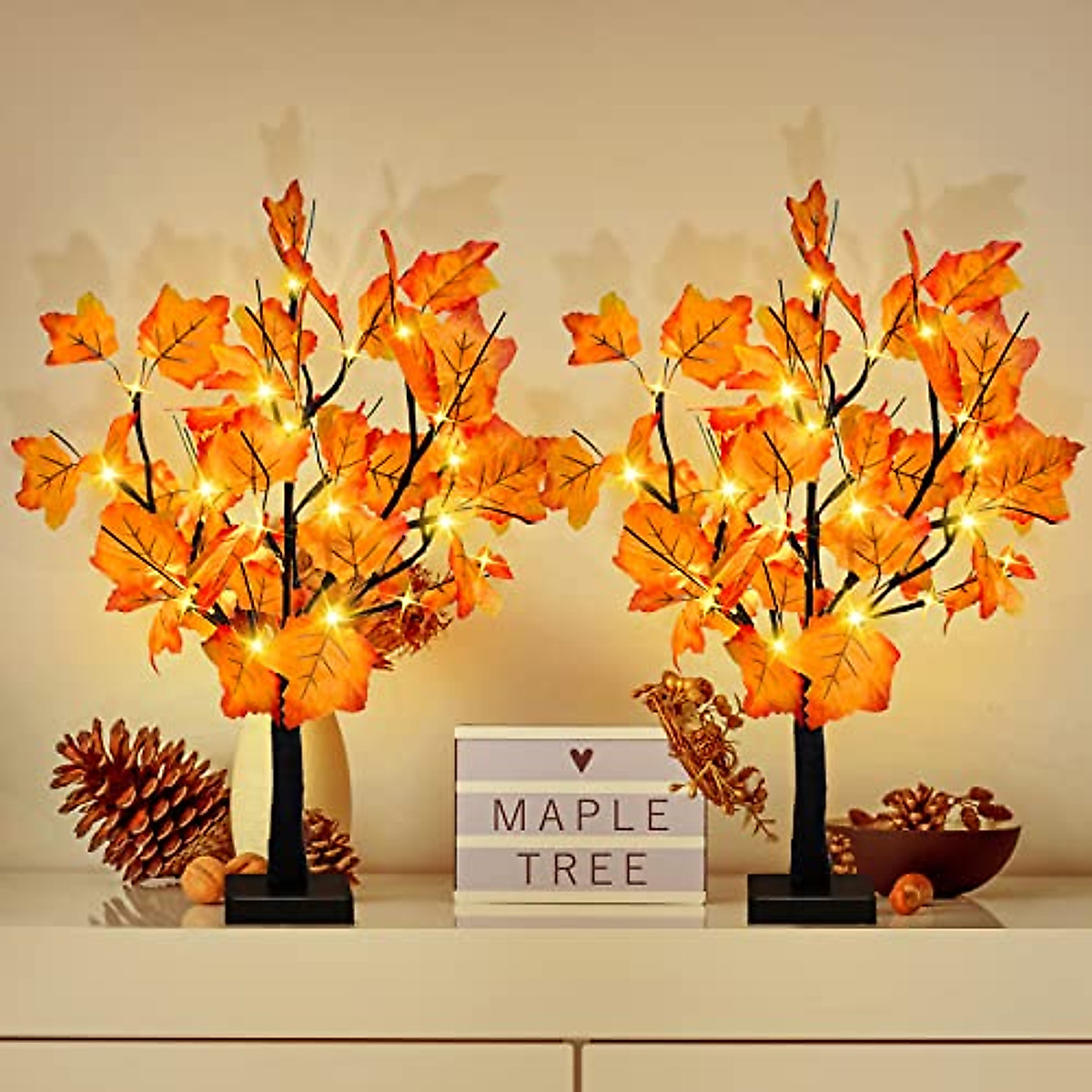 2 Pack 24-inch Fall Lighted Maple Tree, 48 LED Lights, Thanksgiving Decoration Table Tree, Battery Operated DIY Artificial Tree, Centerpieces Decor Tree for Home Desktop Autumn Harvest Tabletop Indoor