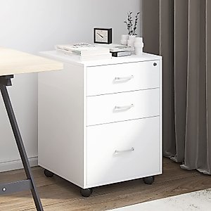 SogesGame 3 Drawer File Cabinet with Lock, Office Storage File Cabinet on Wheels, Mobile Under Desk File Cabinets for Home Office Fits Letter/Legal/A4 Size, White