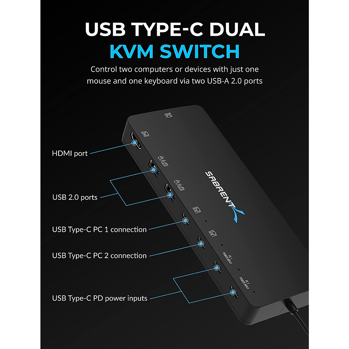 SABRENT KVM Switch, USB-C, 1 PC to 2-Displays with 60 Watt Power Delivery (USB-CKDH)