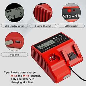 Komifolen 2 Pack 9.0Ah 18V Battery and Charger Replacement for Milwaukee M18 Batteries 48-11-1880 48-11-1860 48-11-1850 48-11-1828,2024 New Version High Demand