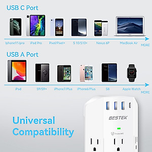 Surge Protector, Outlet Extender with 6 Outlets and 4 USB Ports (1 USB C PD20W), BESTEK 2100 Joules Power Strip 3 Sided Multi Plug Outlet for Wall Mount