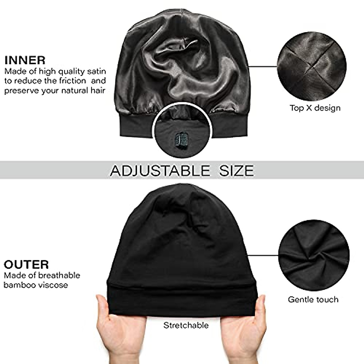 CAPLORD Silk Satin Bonnet Hair Cover Sleep Cap for Sleeping Beanie Hat Adjustable Stay On Headwear Lined Natural Nurse Cap for Black Women Curly Hair Overnight Protection Recommended