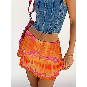 SAFRISIOR Women Ruched Ruffle Short Skirt High Waisted Stretch Pleated Tennis E-Girls 90s A-Line Mini Skirt (Medium, Floral#Orange, m)