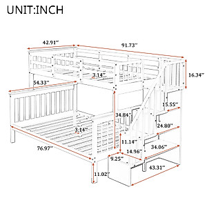 LostCat Twin Over Full Bunk Bed, Solid Pinewood Bunk Bed with Storage Staircase and Safety Guardrails for Kids/Teens/Adults,Can Be Separated Into Twin/Full Size Bed, White
