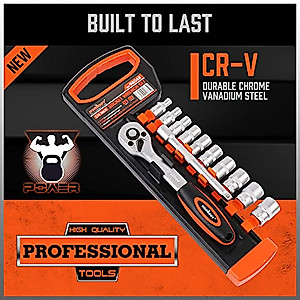 HORUSDY 12-Pieces 1/4” Ratchet Socket Wrench Set, Drive Socket Set, 4mm -13mm Sockets and, Quick Released Ratchet Handle and 10 cm Extension Bar