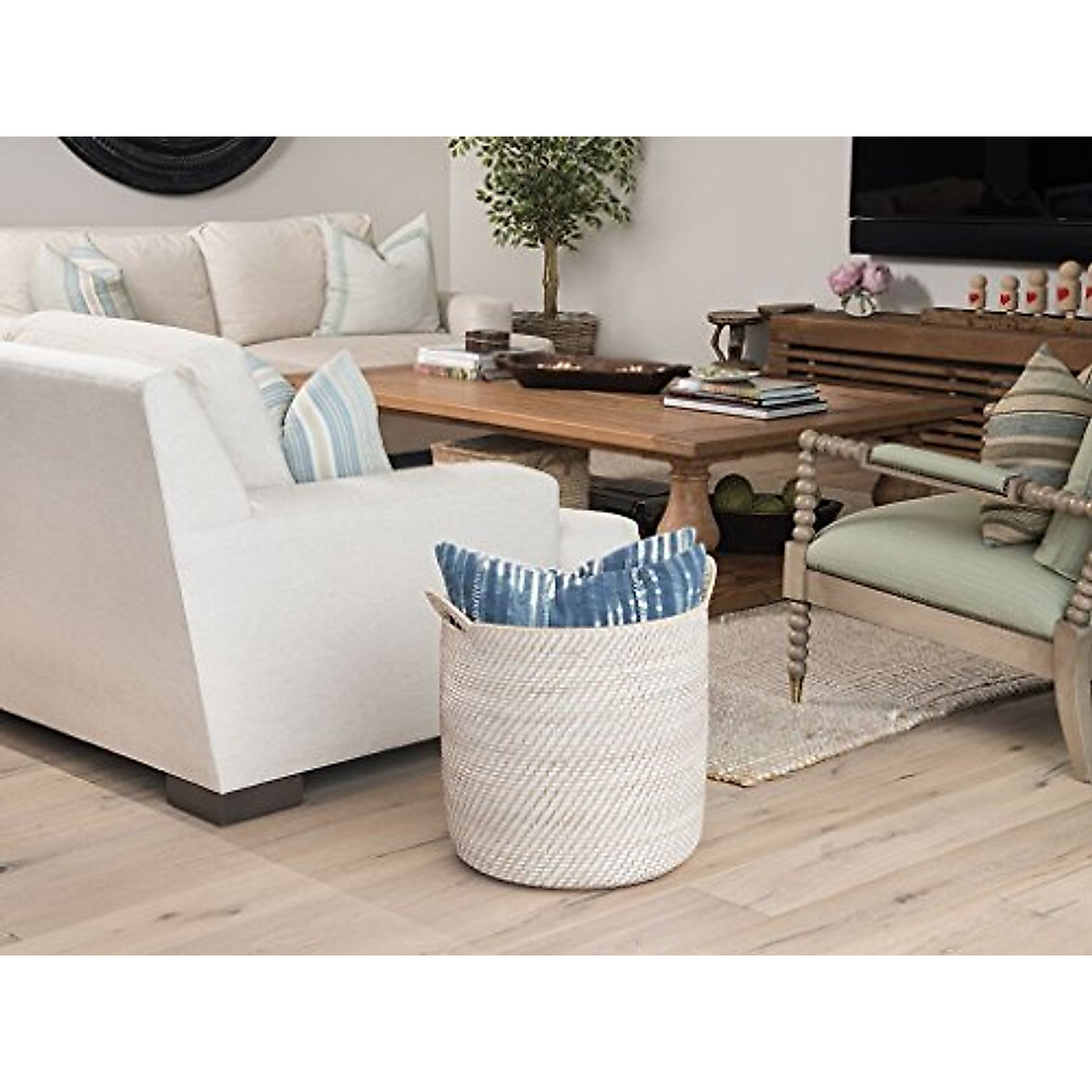 Kouboo Laguna Round Ear Handles, White-Wash Rattan Storage Basket