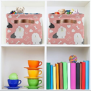 susiyo Pink Old English Sheepdog Open Storage Bins 1 Pack, Large Canvas Storage Baskets with PU Handles Collapsible Storage Box Organizers for Home Closet Nursery Toys Dorm Office Laundry