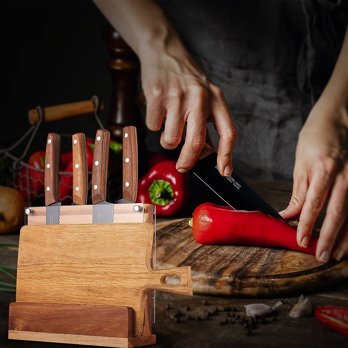 ENOKING 6PCS Knife Set with block, Magnetic Wood Knife Holder with Acrylic Shield, German High Carbon Stainless Steel Blades