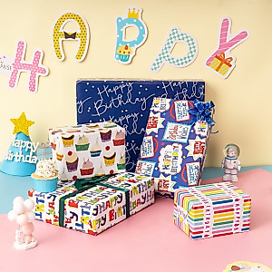 Titiweet Happy Birthday Wrapping Paper Sheets with Cut Line, Recycled Gift Wrapping Paper, 6 Sheets Folded Flat Gift Wrap with Sticker Ribbon Tape, 20 x 28 Inches Per Sheet