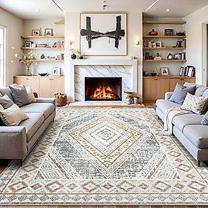 Uphome Boho Tribal Area Rug 8x10 Rugs for Living Room, Orange Washable Non-Slip Bedroom Rugs, Vintage Oriental Tribal Office Rug, Soft Classical Aesthetic Indoor Rug for Dining Room Dorm Kids Room