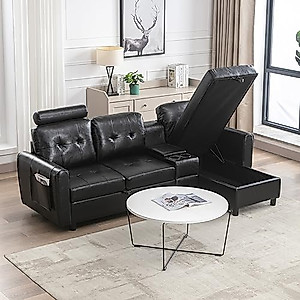 88.98" PU Leather Modular Sectional Sofa with Storage & Cup Holder, Convertible L Shaped Sofa Couch with Chaise, Modern Tufted Convertible Sleeper Sofa Set for Living Room,Black