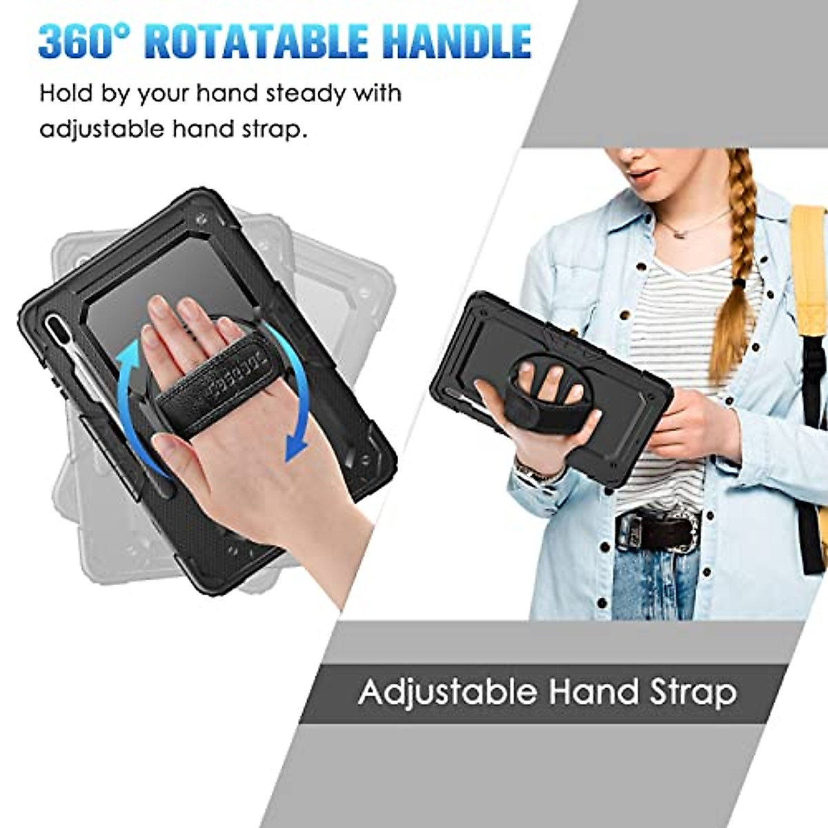 CaseBot Shockproof Case for Samsung Galaxy Tab S8 Plus 2022/S7 FE 2021/S7 Plus 2020 12.4 inch with Screen Protector, 360° Rotating Kickstand Rugged Heavy Duty Hybrid Cover w/Hand Shoulder Strap,Black