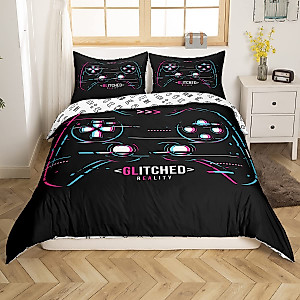 Gamepad Bedding Set for Boys Twin Modern Gamer Comforter Cover Video Game Duvet Cover Kids Colorful Action Buttons Printed Quilt Cover Soft Microfiber Bedspread for Boys Girls Bedroom,Black