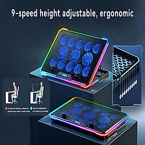 KYOLLY RGB Laptop Cooling Pad Gaming Laptop Cooler, Laptop Fan Cooling Stand with 13 Quiet Cooling Fans for 15.6-17.3 inch laptops, 9 Height Stand, LED Lights & LCD Screen, 2 USB Ports, Lap Desk Use