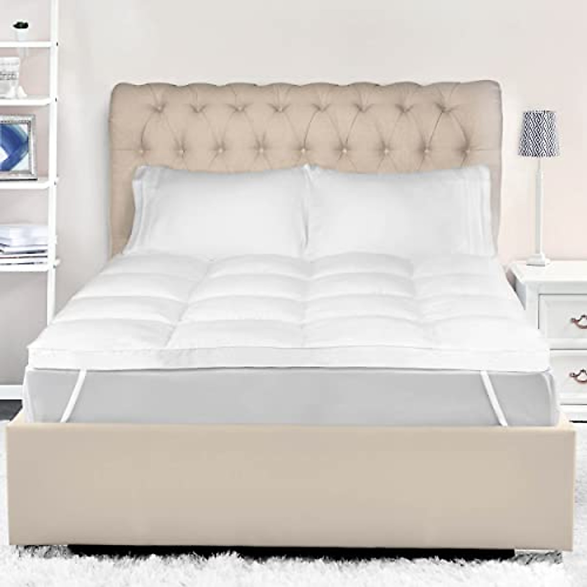 Superior Mattress Topper, Down Alternative 2 Inch Deep Sized Bed Pillow Top, Comfort Pad, Fluffy Mattress-Topper Protector, Plush Cooling Extra Soft Hotel Sleep All-Season, Queen, White