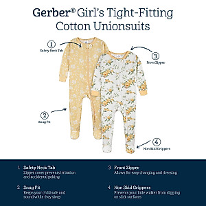 Gerber Baby Girl's 4-Pack Footed Pajamas, Roses and Fox, 12 Months