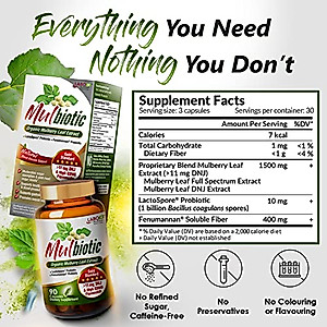 LABO Nutrition Mulbiotic Capsule, Organic Mulberry Leaf Extract + LactoSpore Probiotic & Fenumannan Prebiotic, for Healthy Blood Glucose Leval, Sugar & Carb Cravings Support, Vegetarian, Non-GMO
