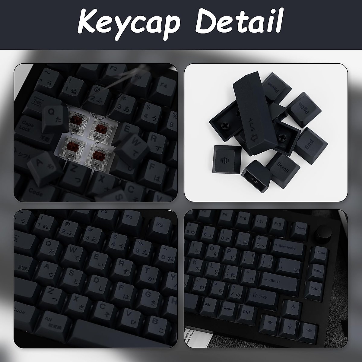 JOLINTAL 143 Keys Grey on Black Keycaps Set, Japanese Keycaps Custom Keycaps Black on Grey Keycaps, PBT Cherry Profile Keycaps for Mechanical Keyboard