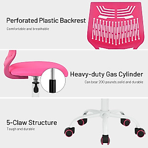 FurnitureR Desk Chair Armless Cute Home Office Desk Chair for Kids, Swivel Computer Task Chair Study Chair with Mesh Padded Cushion and Rolling Wheels for Child, Pink