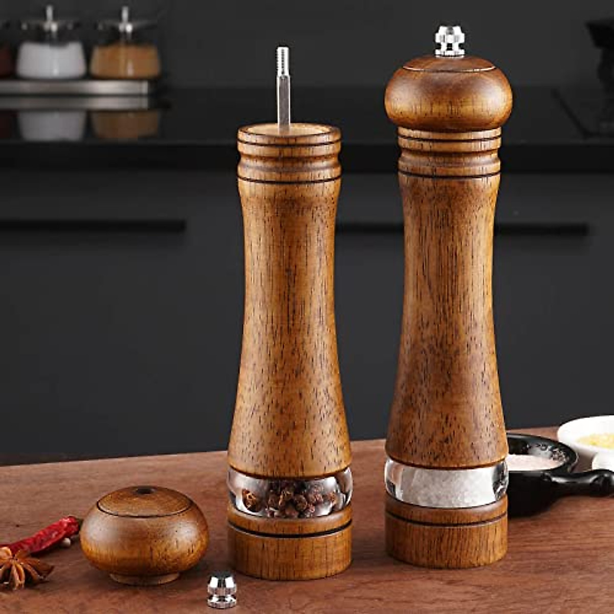 2-Piece Salt and Pepper Grinder Set, 8 Inch Wooden Salt and Pepper Mills with Adjustable Coarseness, Refillable Manual Pepper Mill Grinder for Home Cooks (Brown)