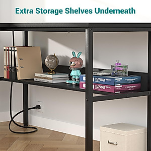 Hyomdeck Reversible L Shaped Computer Desk with Power Outlets and USB Charging Ports, Sturdy Corner Desk with Storage Shelf, Modern Work Gaming Table for Home Office, Easy to Assemble, Black