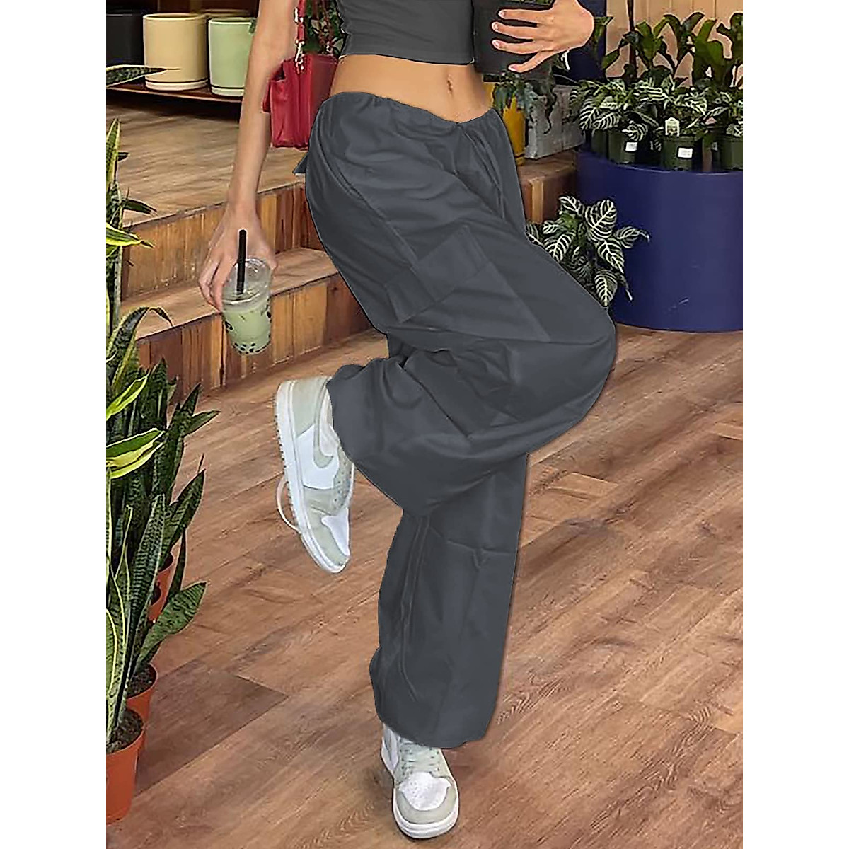 LQI Parachute Pants for Women Y2K Baggy Cargo Pants Drawstring Trousers Low Rise Loose Jogger Sweatpants Grey