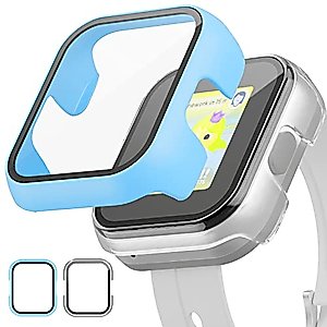 2 Pack for SyncUP Kids Watch Screen Protector Case,JZK High Definition Tempered Glass Overall Protective Case Cover Scratch Resistant Bumper Shell for SyncUP Kids Watch Accessories,Blue+Clear