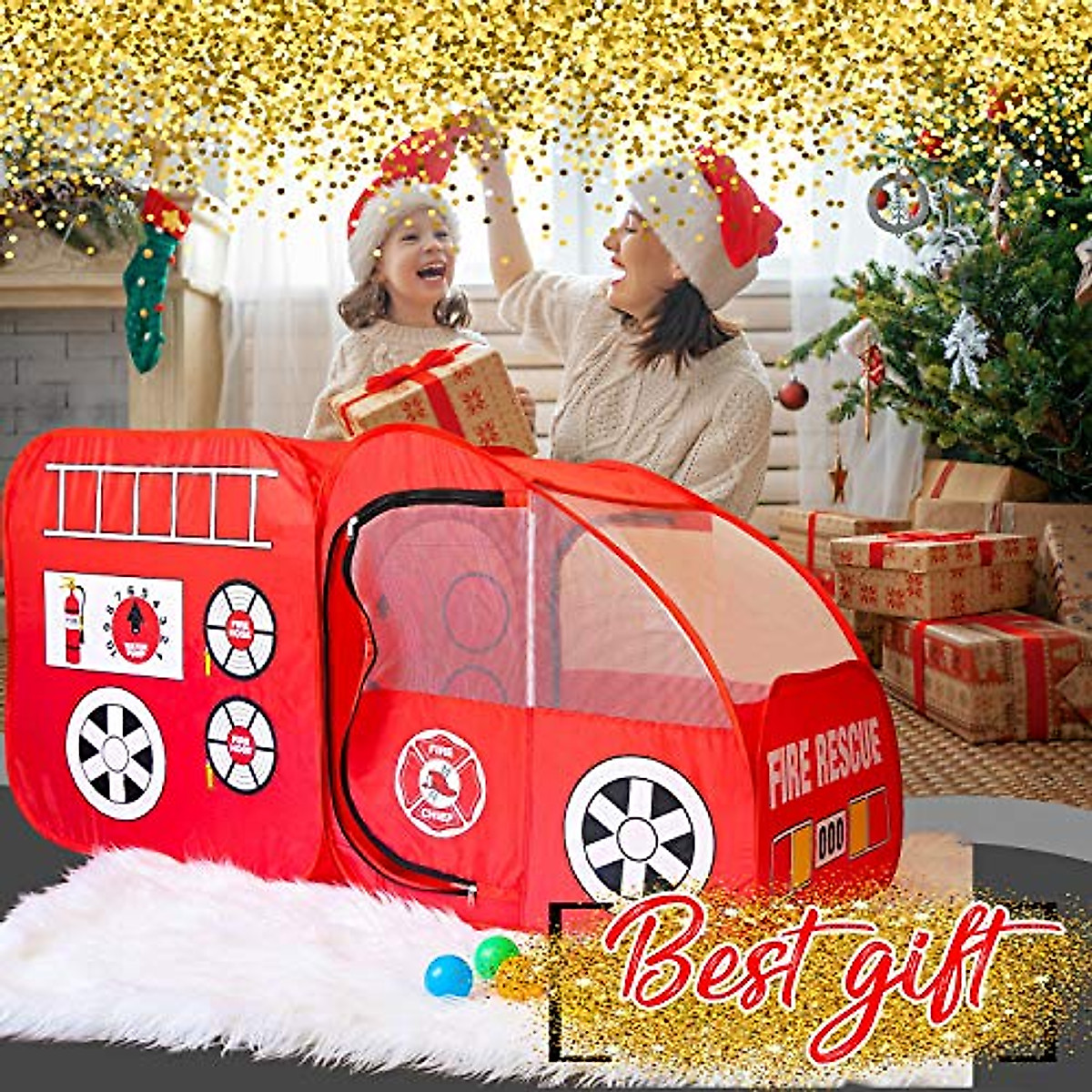 Kiddey Fire Truck Play Tent for Kids - Firetruck Tents with Sirens and Fireman Sound Button for Girls, Boys, & Toddlers Gifts - Red Fire Engine Pop Up Playhouse for Toddler - Indoor & Outdoor