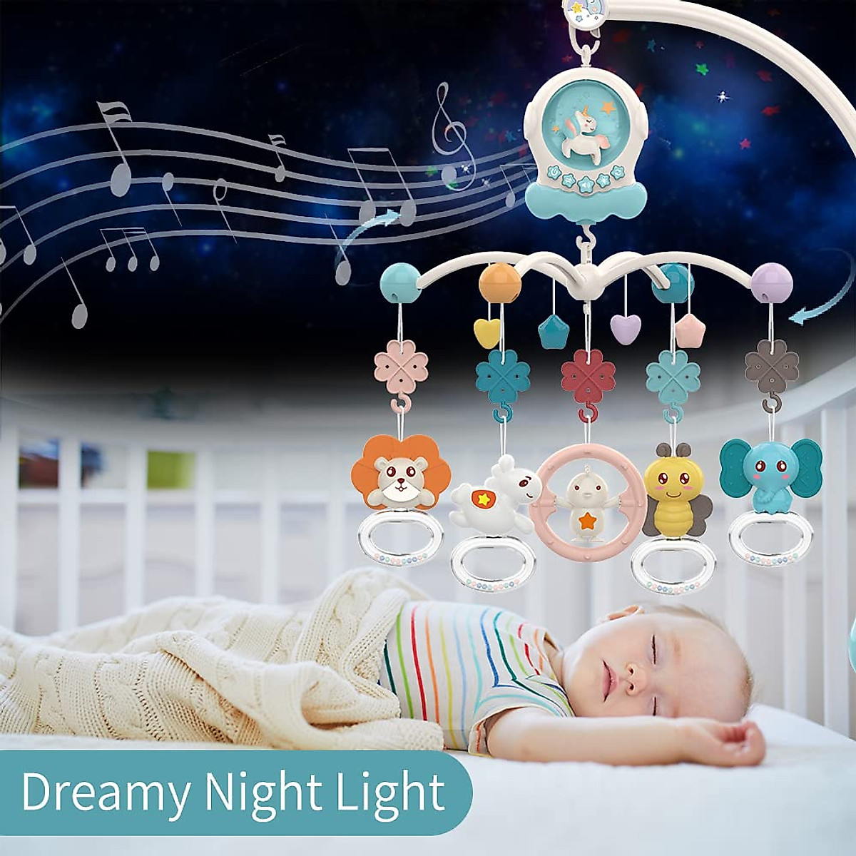Eners Baby Musical Crib Mobile with Night Lights and Rotation, Rattles, Remote Control,Comfort Toys for Newborn Infant Boys Girls Toddles (Green)