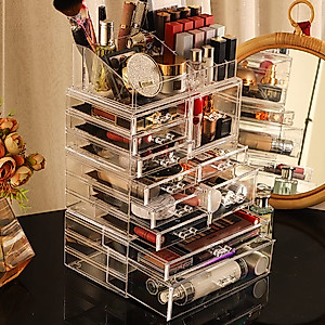 Cq acrylic Clear Makeup Storage Organizer Drawers Skin Care Large Cosmetic Display Cases Stackable Storage Box With 11 Drawers For Dresser 1 Pack