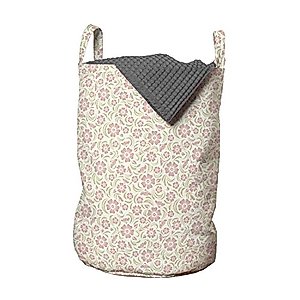 Ambesonne Flower Laundry Bag, Vintage Old Fashioned Floral Pattern Silhouettes Briar Shrubs Roses Retro, Hamper Basket with Handles Drawstring Closure for Laundromats, 13" x 19", Rose Pale Green White