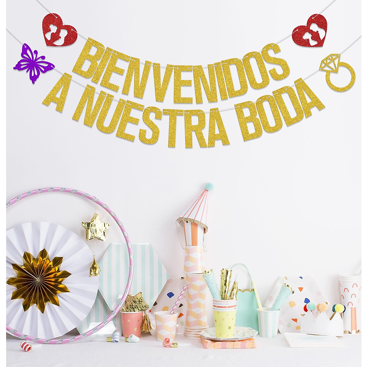 KEWUFD Spanish Welcome To Our Wedding Banner, Funny We're Engaged Decorations Wedding Party Decorations Bridal Shower Photo Prop Sign Gold Glitter
