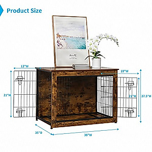 TABU Dog Crate Furniture, Wooden Dog Furniture End Table, Indoor Dog Kennel with Multi-Purpose Removable Tray, Double Door Dog Cage for Small/Medium Dogs,Rustic Brown,38" L