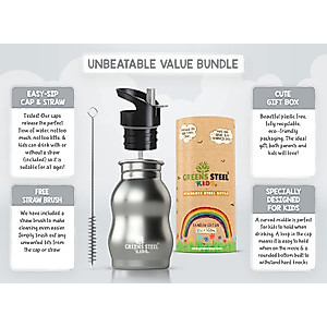 Kids Water Bottle with Straw & Handle, 12 oz Silver- Eco Friendly Toddler Cups with Straws - Easy Sip Metal Water Bottle for Kids - Cute Stainless Steel Water Bottles for Children - Leak Proof Lid