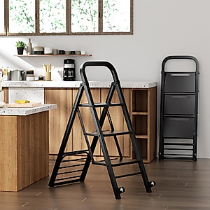 S AFSTAR 2-in-1 Folding Ladder & Hand Truck Combo, 3-Step Step Ladder with Wheels, Convertible Hand Cart with Wide Steps, 550 Max Load, Heavy-Duty Metal Dolly Cart Ladder for Home Office Garage