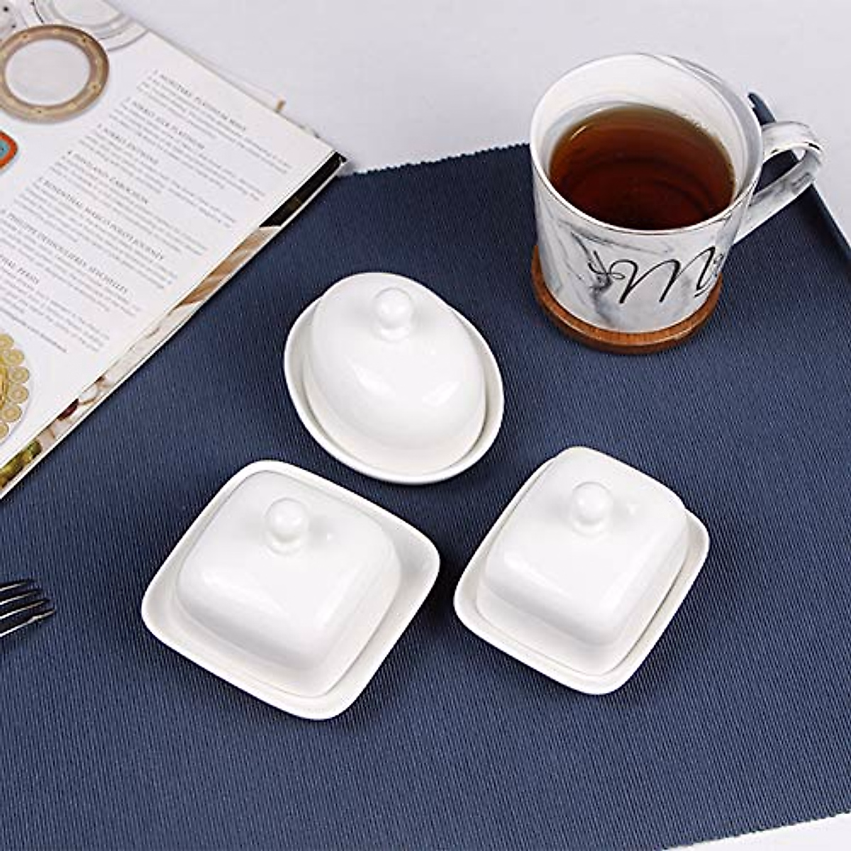 NAGU Mini Square Butter Dish with Lid, White Procelain Domed Cheese Dish with Handle Individual Serving Small Butter Tray, Cute Ceramic Dessert Serving Bowl for Table, Countertop, Refrigerator