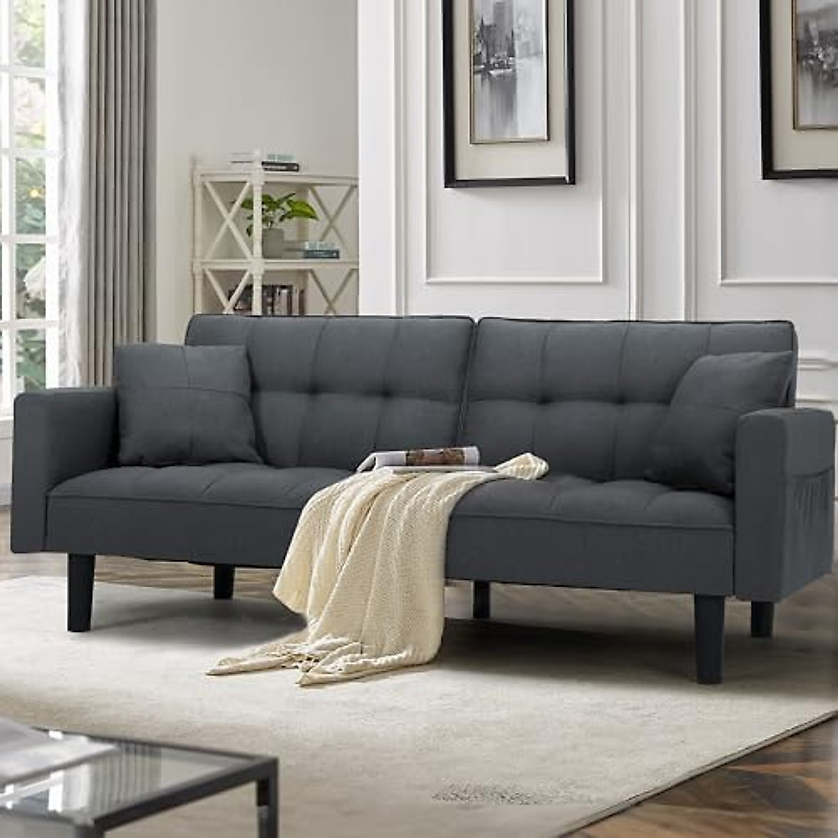 AVAWING Futon Sofa Bed, Modern Linen Fabric Convertible Upholstered Couch with Adjustable Back, Arms and High Strength Nylon Legs for Living Room, Apartment, Office (Grey)