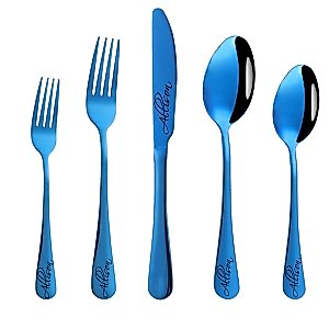 OBTIAN Stainless Steel Customized Flatware Set,Engraving Name Knife Forks Spoon,Personalized names will be engraved on your tableware, Customized Birthday Christmas Gift Blue