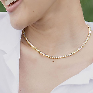 NYC Sterling Gold Plated Women's Magnificent 3mm Round Cubic Zirconia Tennis Necklace (Yellow, 16)