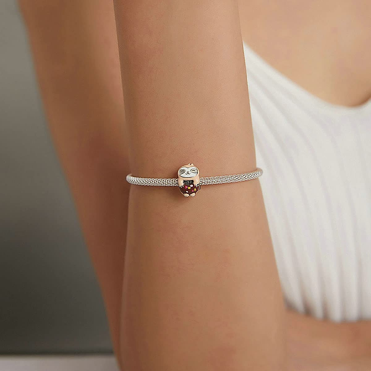 Junyi Jewelry 925 Sterling Silver Donut Charm Pig Charm Owl Charm Mouse Charm Bear Charm Bee Charm Panda Charm Cat Charm for Pandora Charm Bracelet (Sloth)