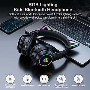 ONITOON Cat Ear Bluetooth Headphones with Micphone for Kids & Adults, LED Light Up Wireless HI-FI Sound Quality, Over-Ear Headphones with Volume Control for iPhone/iPad/Laptop/PC(55H Play Time)