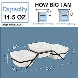 Buyajuju 3 pcs square bowl Porcelain Chip & Dip Serving Set with Black Metal Stand, 4.5inch White Small Serving Bowls for Side Dishes, Salsa, Appetizer, Serving Dishes for Entertaining