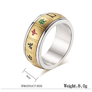 HIJONES Unisex Stainless Steel 9mm Wide Creative Mahjong Novelty Rotating Ring Good Luck Band for Men Women Gold Plated Size 7