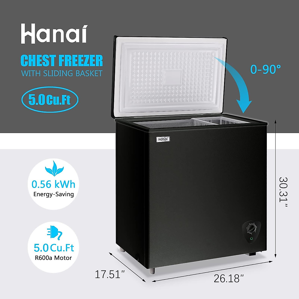 Chest Freezer 5.0 Cu.Ft Small Deep Freezer Black Top Door Mini Freezer with Removable Basket, Low Noise, 7 Adjustable Temperature and Energy Saving Perfect for Home Garage Basement Dorm or Apartment