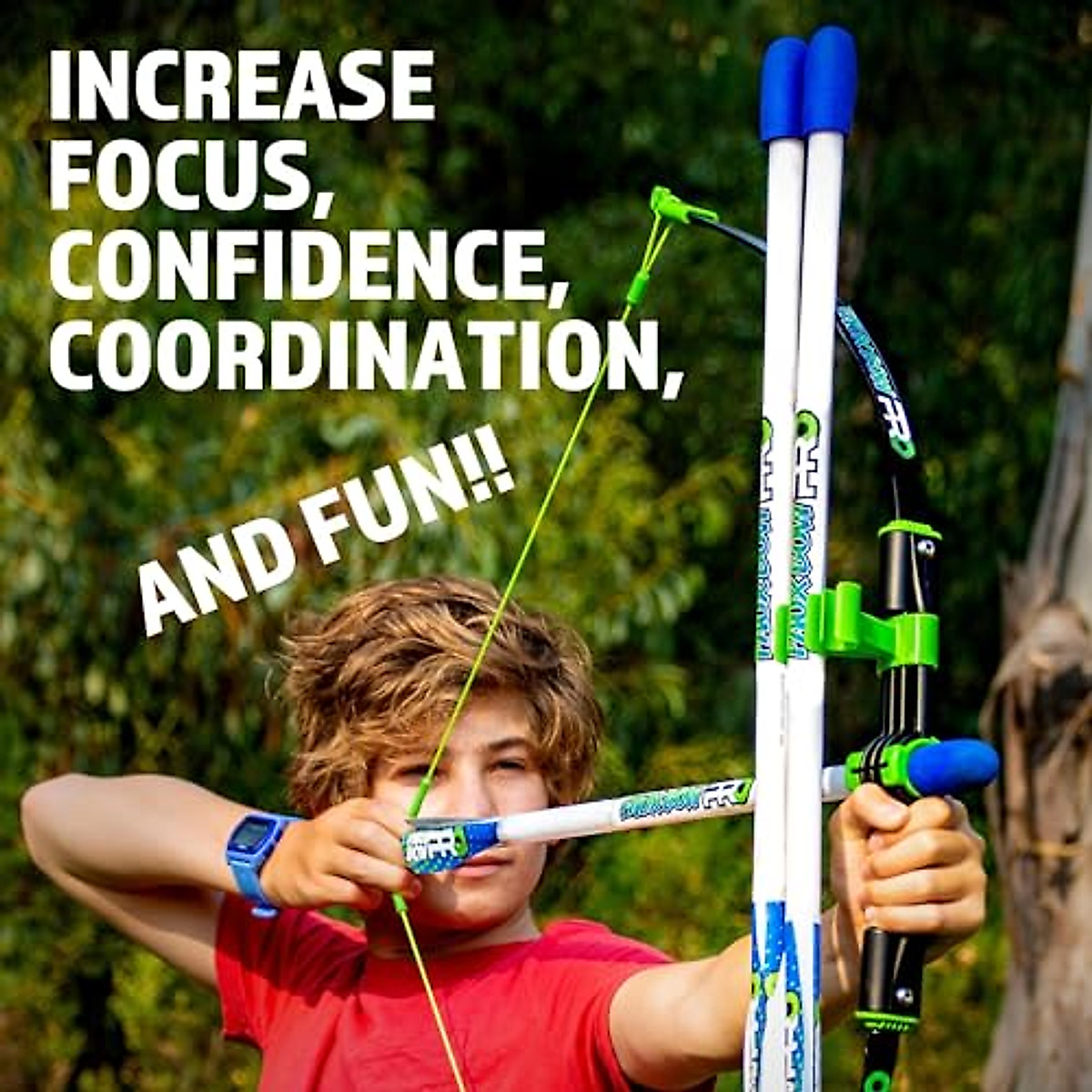 Original FAUX BOW Pro Longbow– Patented Bow and Arrow Impact Archery Set - Shoots Over 200 Feet – Best Outdoor Toy - Youth Safe Archery Anywhere - Fun Backyard Target Practice