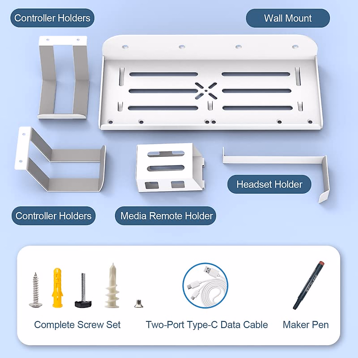 SWTOTK PS5 Wall Mount Kit with Charging Cable, 6-in-1 Playstation 5 (Disc & Digital) Metal Wall Stand with 2 Detachable Controller Hanging Bracket/Remote Box/Headset Hanger, w/Non-Slip Mat White