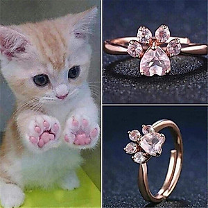 TraveT Crystal Cat Paw Ring Adjustable Pink Ring for Cat Lovers Women Rhinestone Zirconia Ring